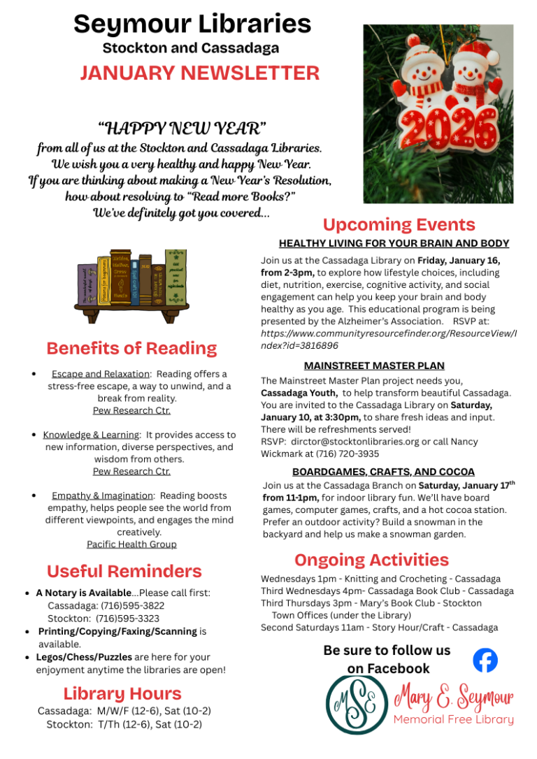 January 2026 Newsletter – Mary E. Seymour Memorial Free Library